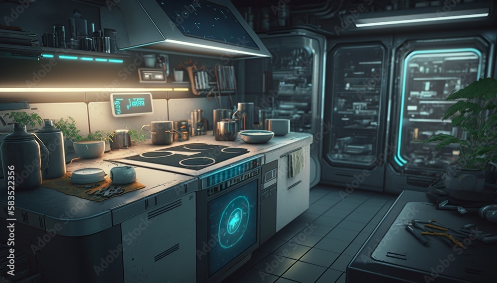 Futuristic cyberpunk kitchen interior with metal walls, cabinet and ...