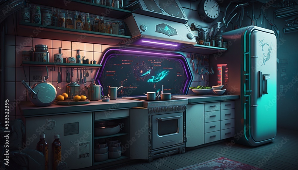 Futuristic cyberpunk kitchen interior with metal walls, cabinet and ...
