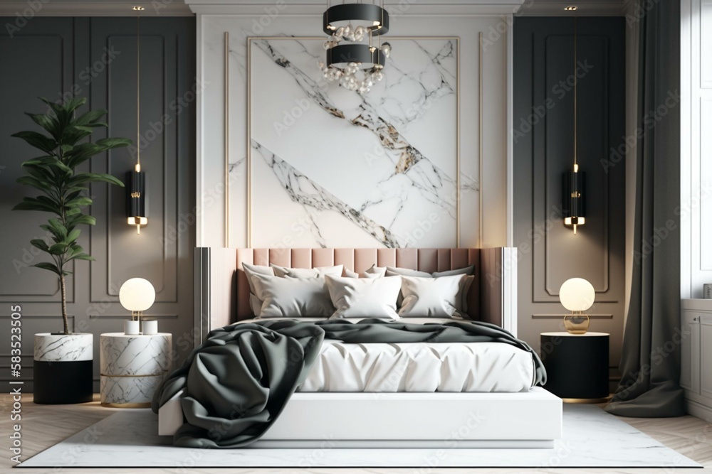 Luxurious marble-filled bedroom with neutral hues and a minimalist ...