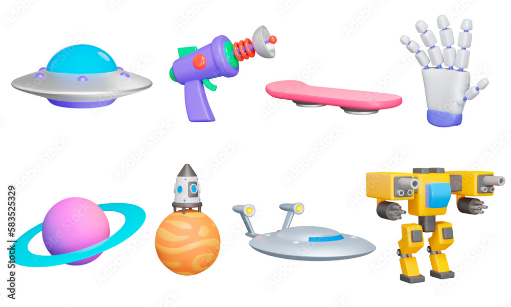 Sci-fi, future 3d icon set. Science fiction . Flying saucer aliens ...
