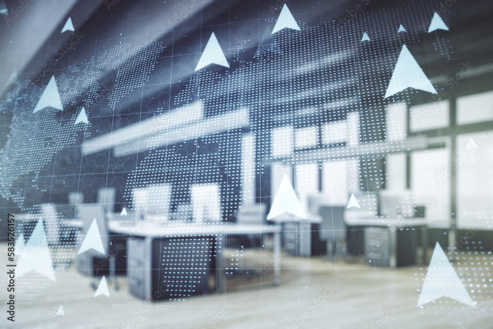Abstract virtual geolocations map hologram on a modern furnished office ...