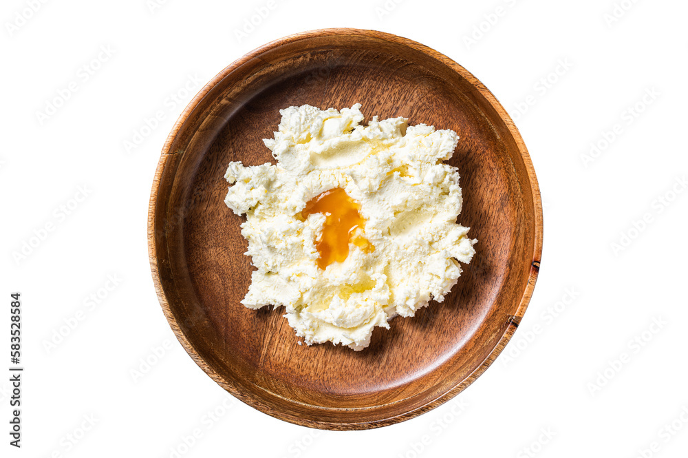 Tradirional Turkish cuisine - kaymak clotted cream and honey. Isolated ...