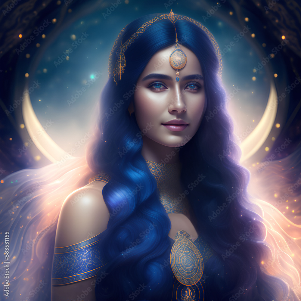 A Lunar Celestial Goddess with Indigo Hair Created with Generative AI ...