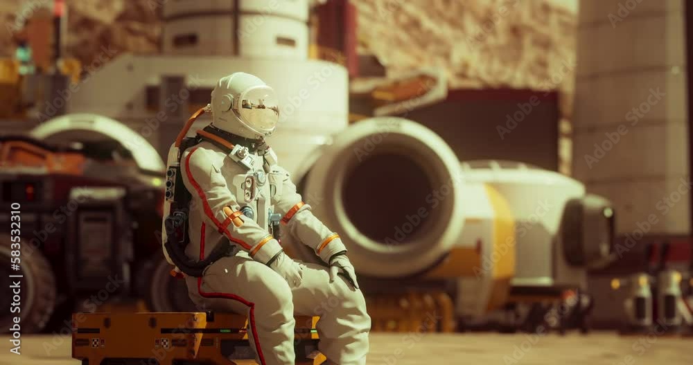 Vidéo Stock Astronaut On The Planet Mars Looking into Landscape of the ...