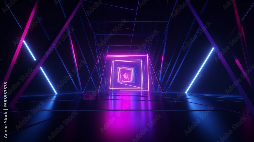 An abstract geometric neon background is depicted in a 3D render ...