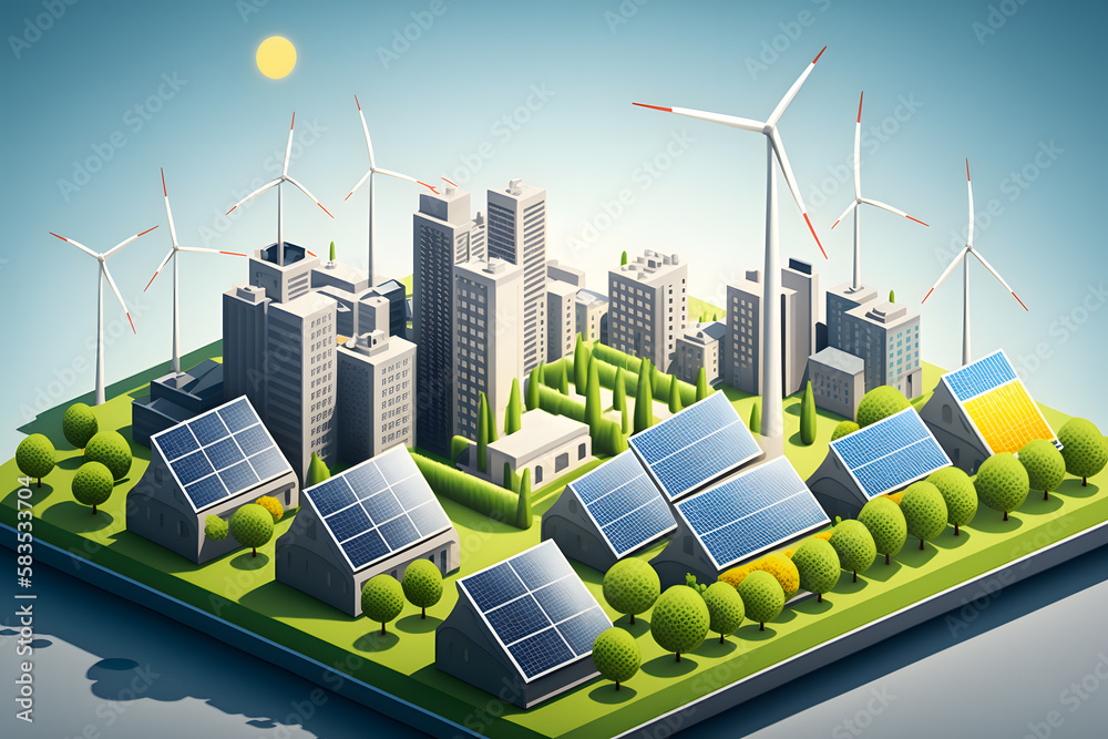 Renewable Energy: Showcase an array of solar panels and wind turbines throughout the city ...