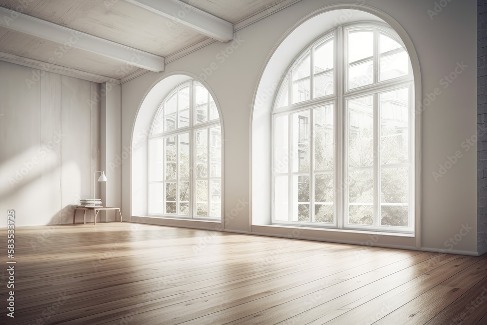 Vacant room with wooden flooring, white and gray walls, and windows ...
