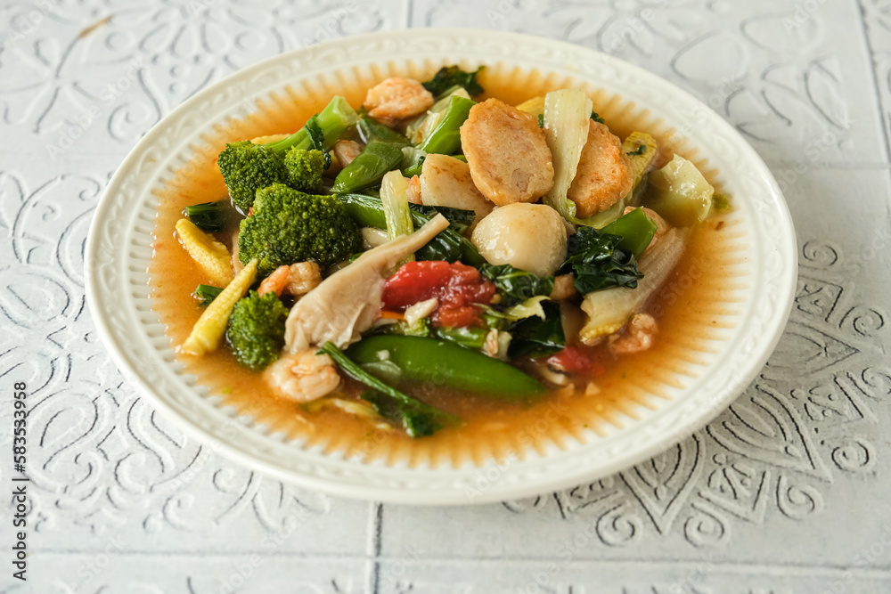 capcay goreng or stir fried mixed vegetables with fishball, shrimp ...