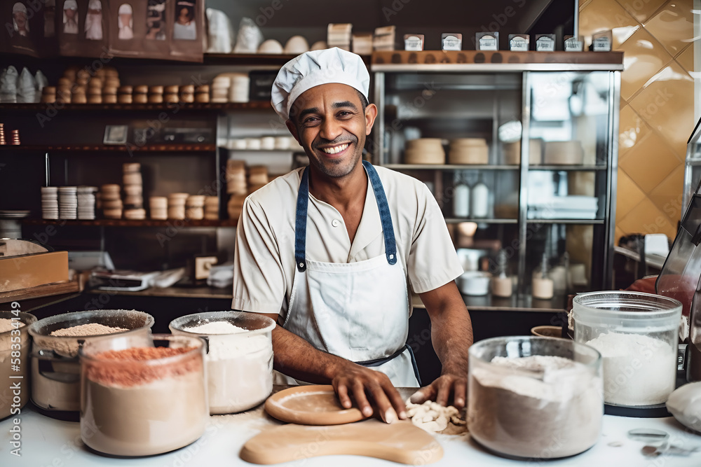 Baker smiling - wearing apron, behind the counter, bread, bakery, happy ...