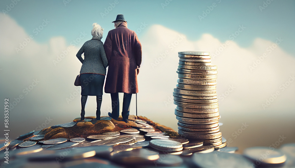 Elderly couple standing on a stack of coins. Generative Ai Stock ...