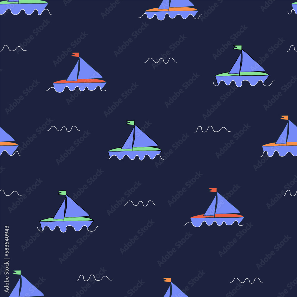 Hand drawn boats on the waves seamless pattern. Ships in the sea ...