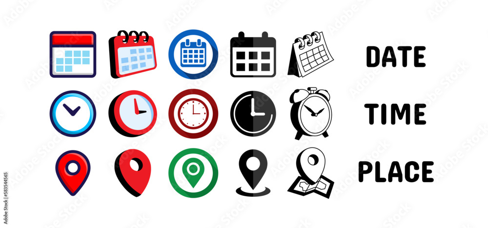 Date, Time, Address or Place Icons Symbol Stock Vector | Adobe Stock