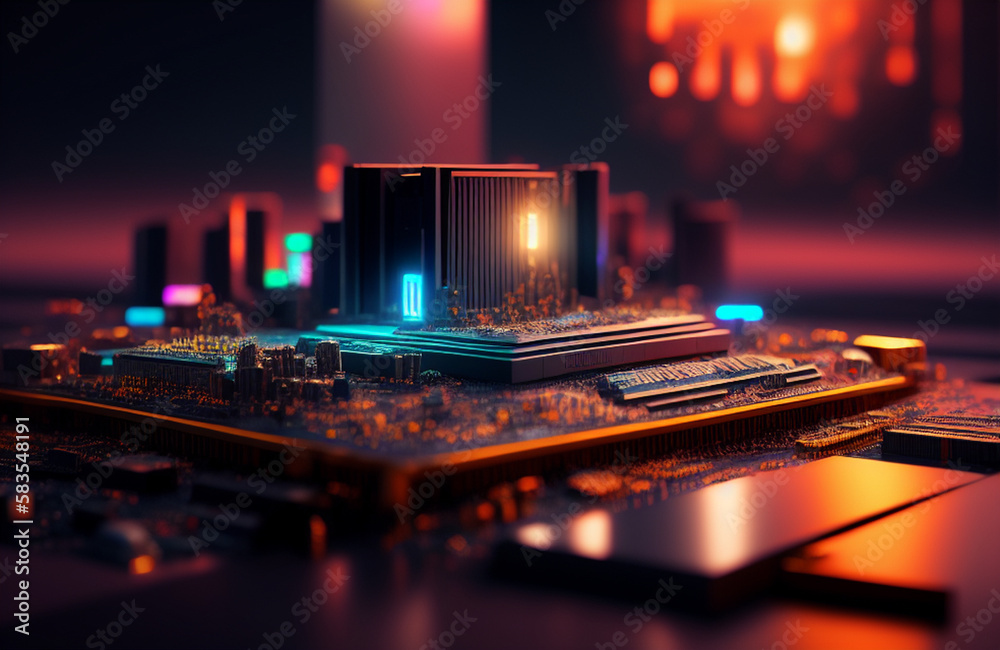 Illustration of a detailed view of a computer motherboard with labeled ...