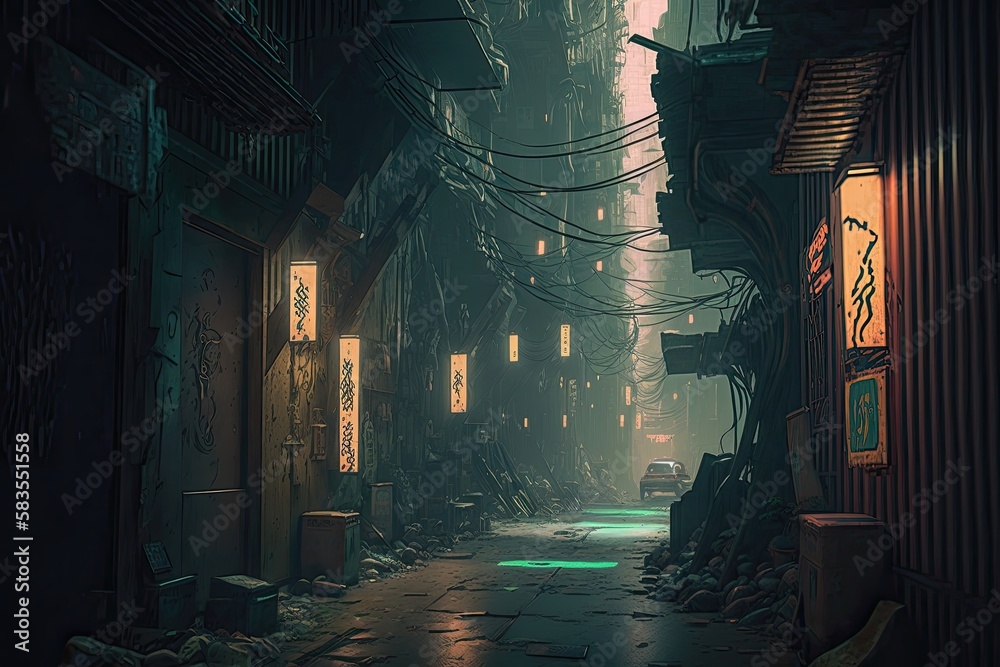 An atmospheric depiction of a cyberpunk alleyway in the metaverse, with ...