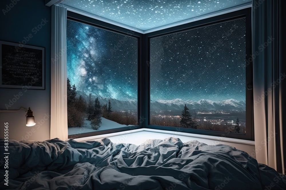 person, laying in bed, looking out of window at the starry night sky ...