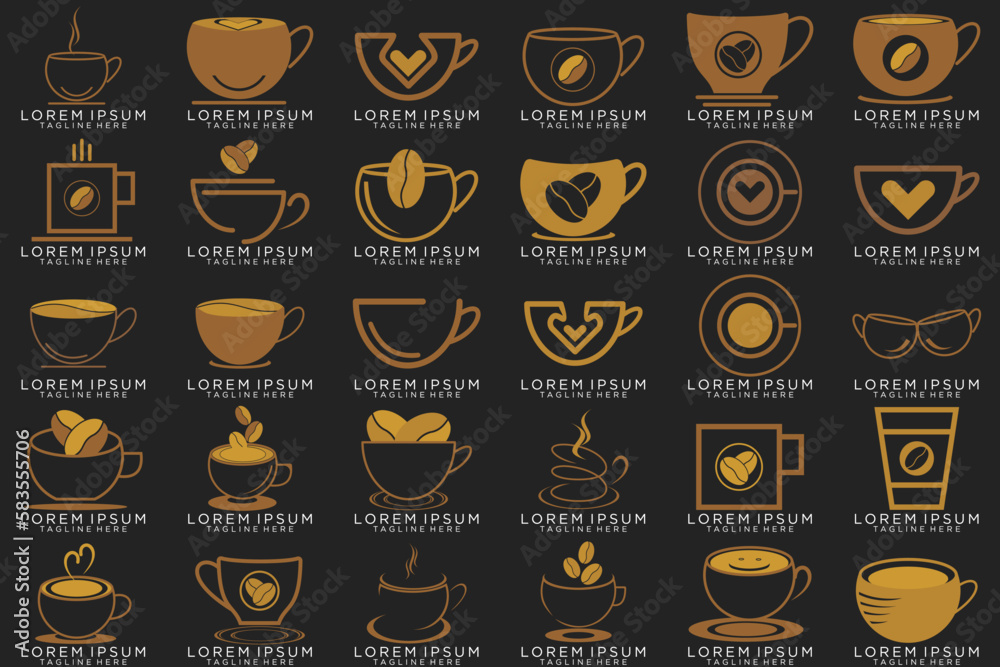 Set of coffee shop gold logo design collection with modern emblem shape ...