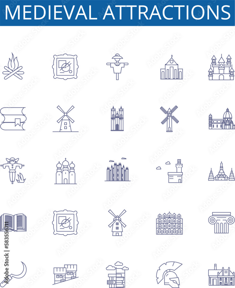 Medieval attractions line icons signs set. Design collection of Castles ...