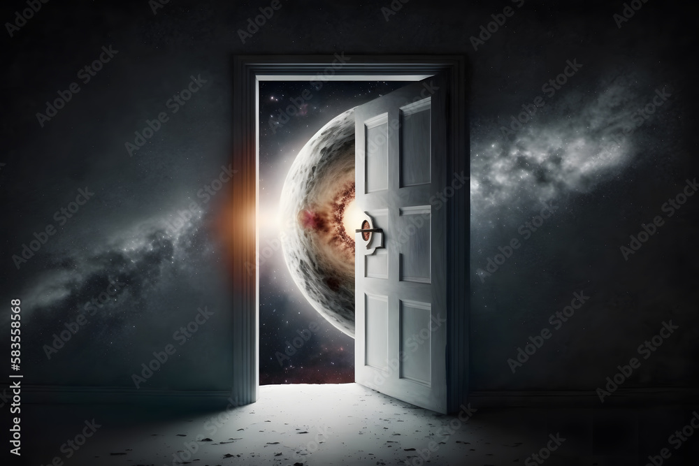 Outer space in dark room. Many stars and blue nebula behind door with ...