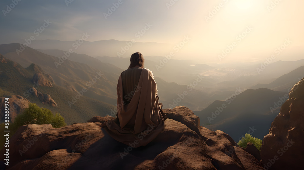 jesus looking at the mountain, sitting looking at the horizon, looking ...