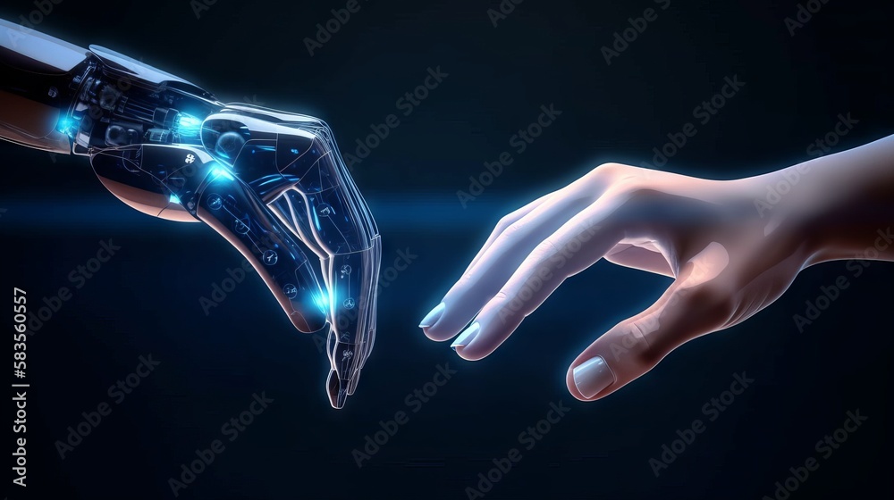 Robot hand touching human hand on dark background. Generative AI Stock ...
