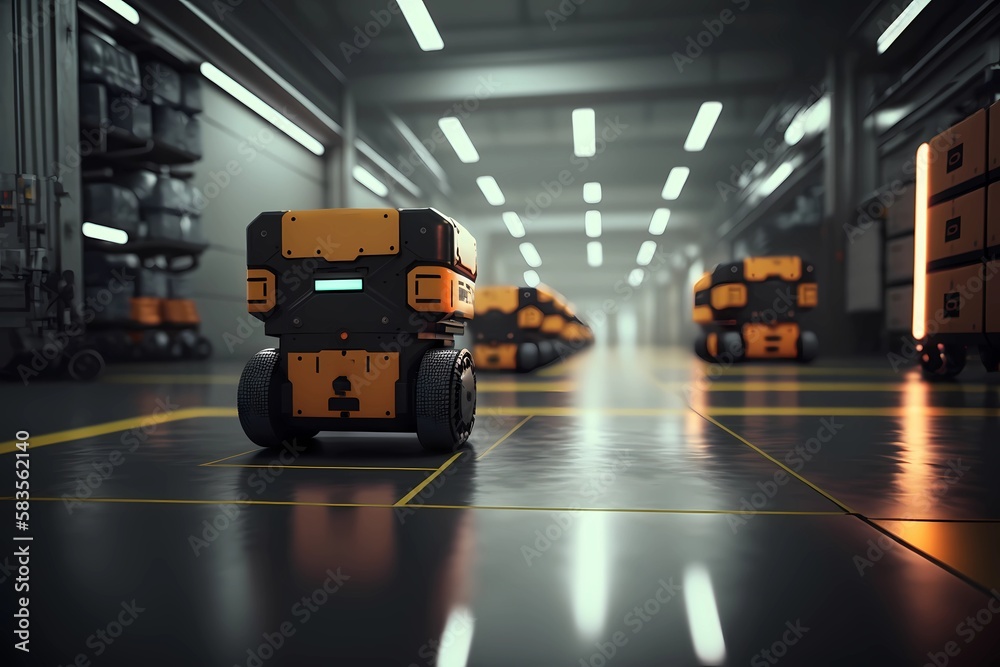 Automated modern retail warehouse. Robotics transporting boxes of ...