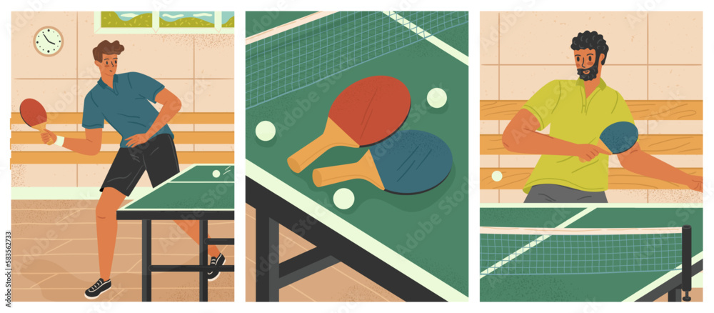Table tennis sport posters vector set. Two man playing ping pong game ...