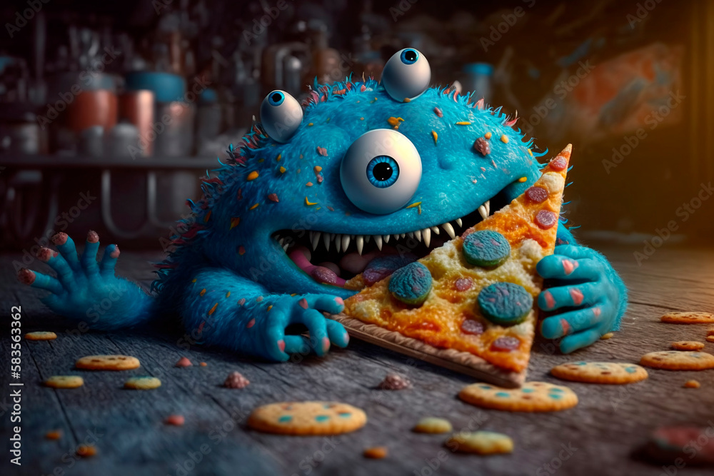 Three-eyed monster eats pizza. Generative AI. Blue fantasy creature ...