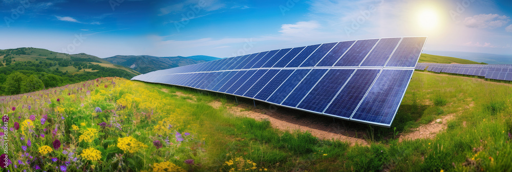 Panoramic banner with solar panel factory with rapeseed flowers, field ...