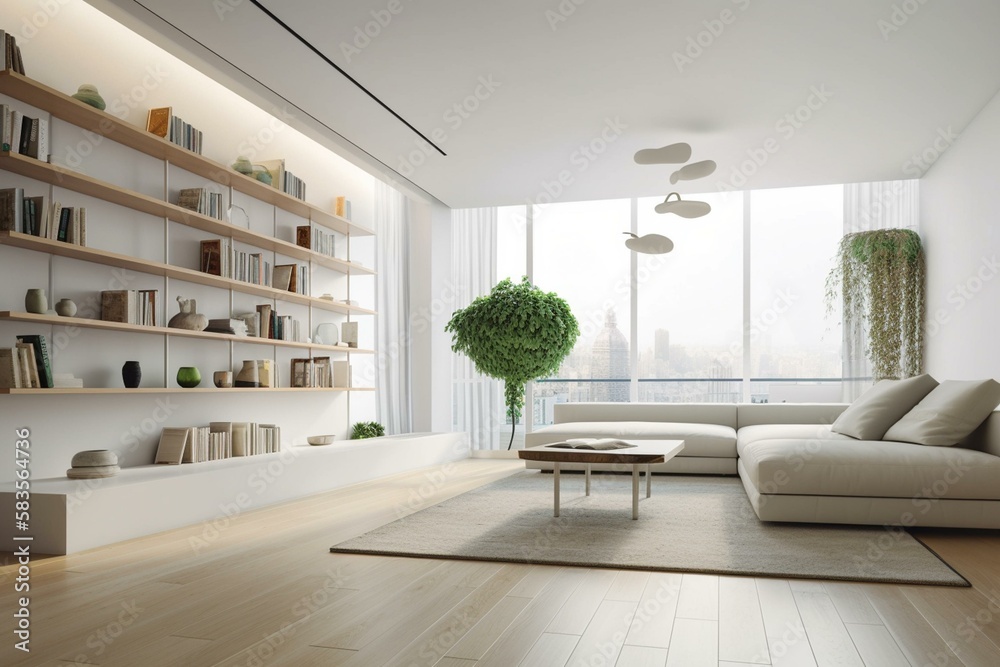 A minimalist living room with a low-profile white sectional, floating ...