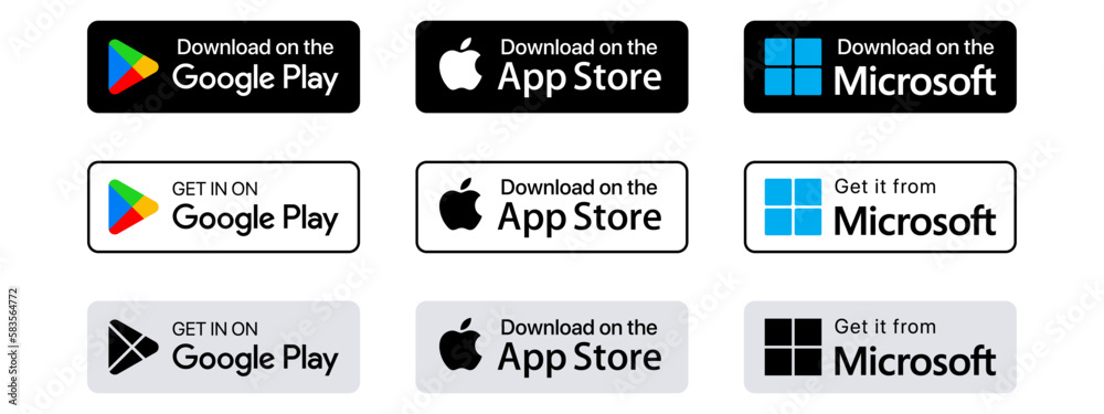 Popular realistic payment logotypes. App Store, Microsoft, Google play ...