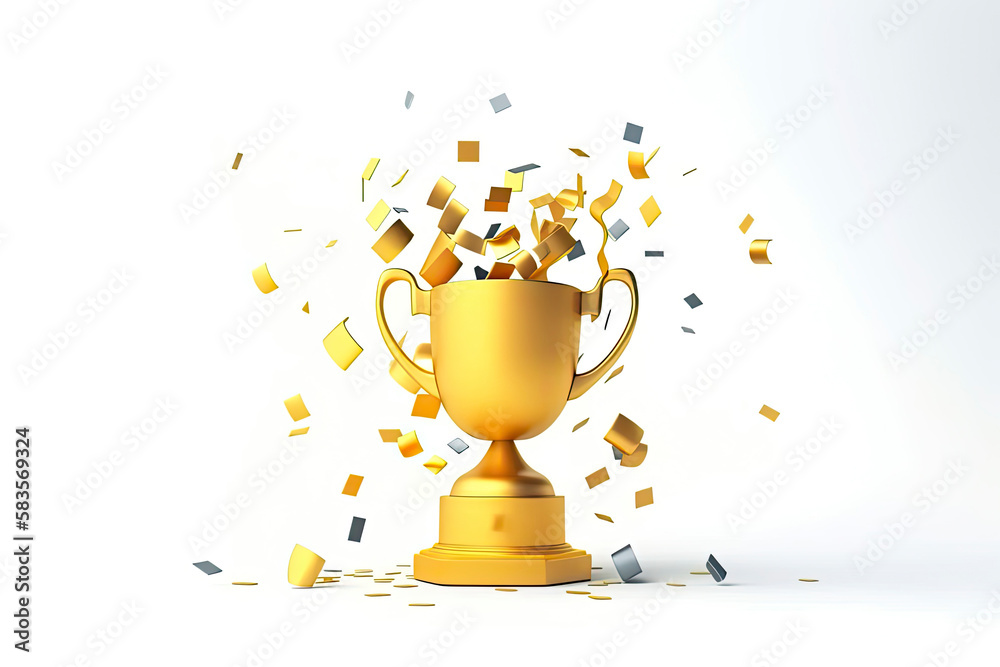 3D Trophy cup with confetti. Gold winner prize. Champion reward. First ...