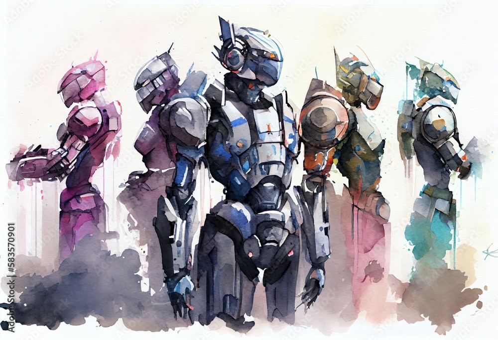 Watercolor Illustration of a Mass Production Of Humanoid Robots, Poster ...