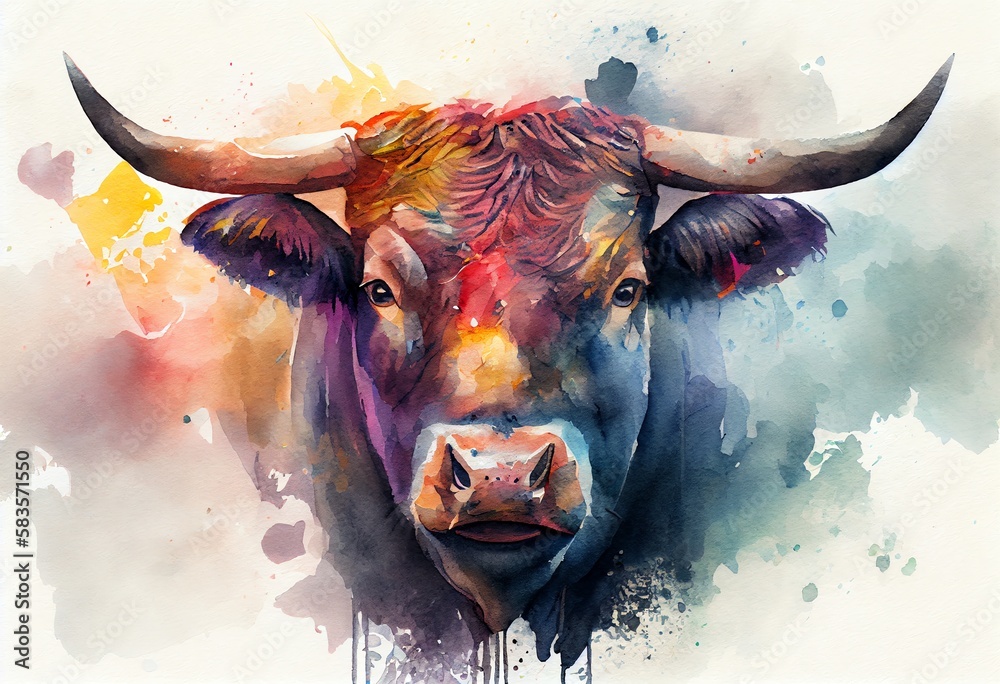 Watercolor Illustration of a Portrait Face Of Bull With Colorful Paint ...