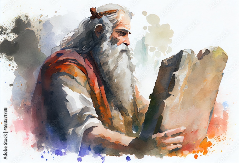 Watercolor Illustration of a Prophet Moses With Stone Tablet Painting ... Watercolor Illustration of a Prophet Moses With Stone Tablet Painting ...