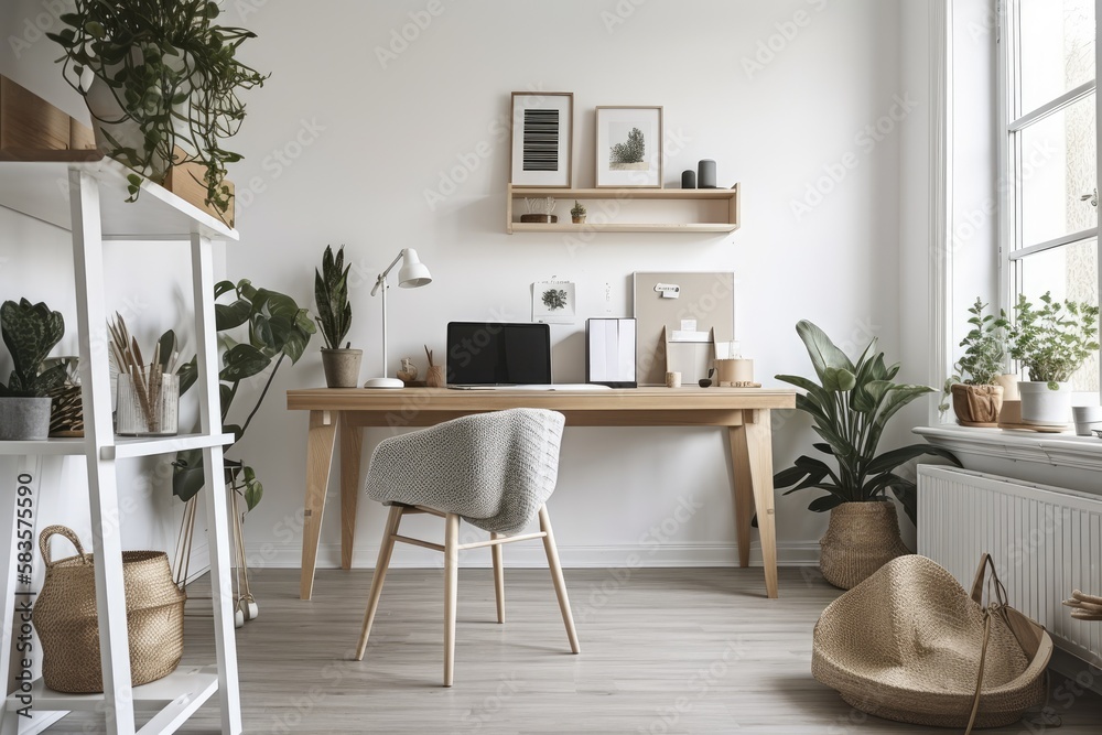 Interior of a Scandinavian home office with a wooden desk, a desktop ...