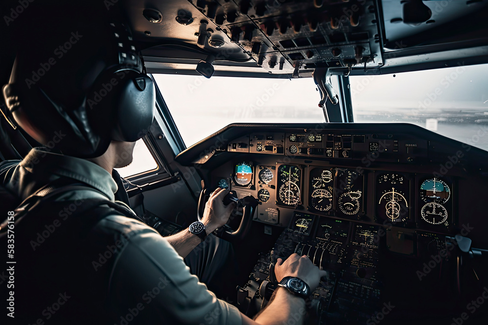 a pilot in the cockpit of an airplane flying the aircraft Stock ...
