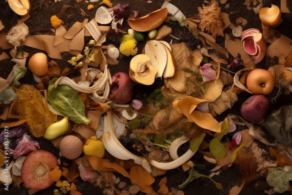 Top view of a pile of food waste. Kitchen waste on a compost heap ...