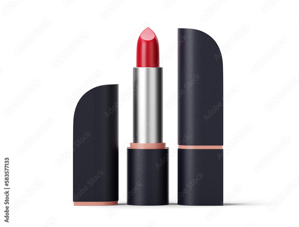 Open and closed red lipsticks in black packaging next to the lid ...