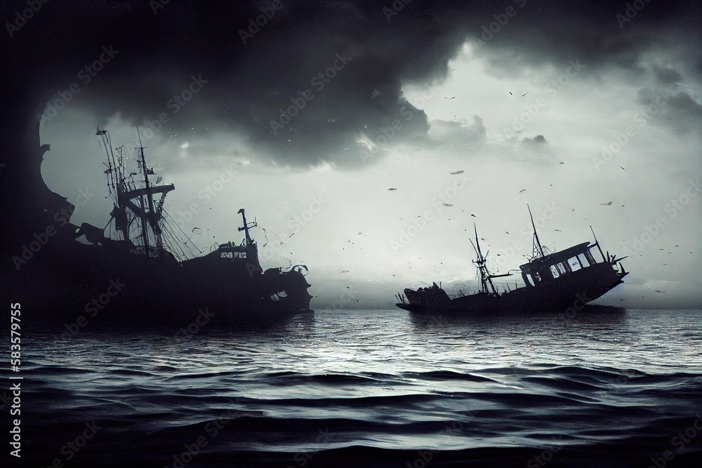 shipwreck beneath water and wreckage of old ships on surface of sea ...