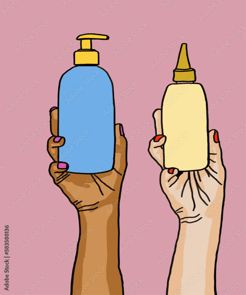 Vector illustration of woman applies shampoo and hair conditioner ...