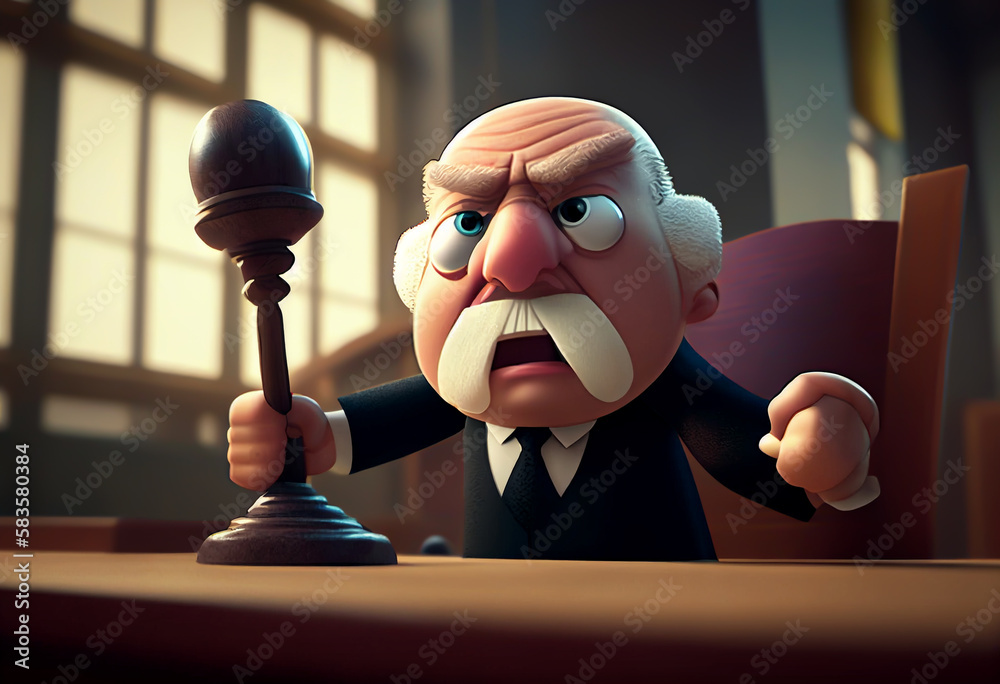 Cartoon character judge with a judge gavel in courtroom. Angry cartoon ...