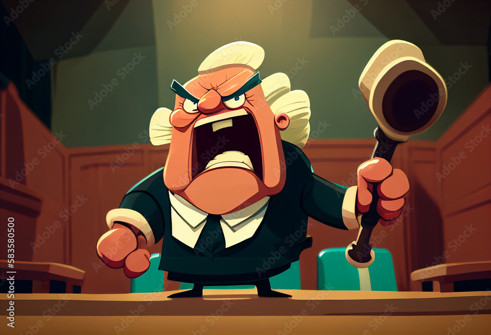 Cartoon character judge with a judge gavel in courtroom. Angry cartoon ...
