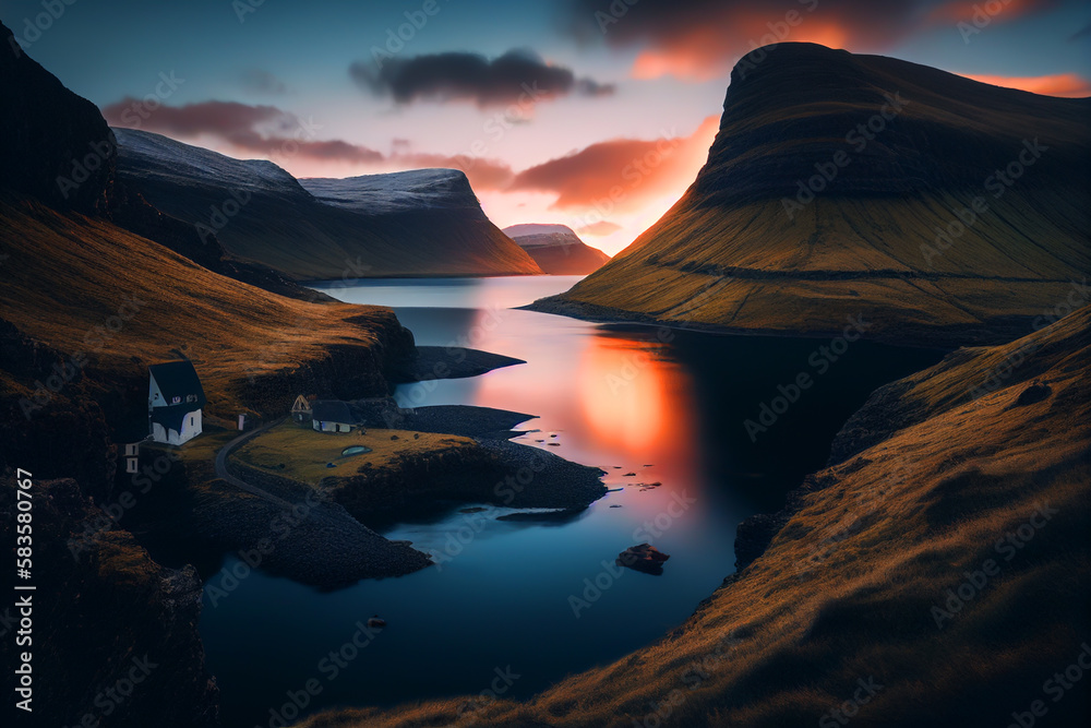 Faroe Islands at dawn. North Atlantic islands of the Kingdom of Denmark ...