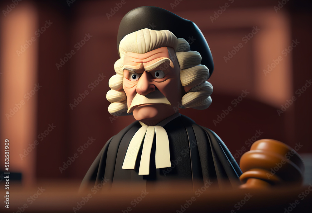 Cartoon character judge with a judge gavel in courtroom. Angry cartoon ...