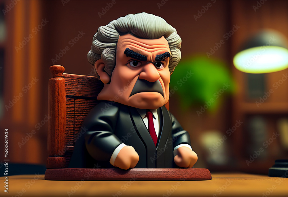 Cartoon character judge with a judge gavel in courtroom. Angry cartoon ...