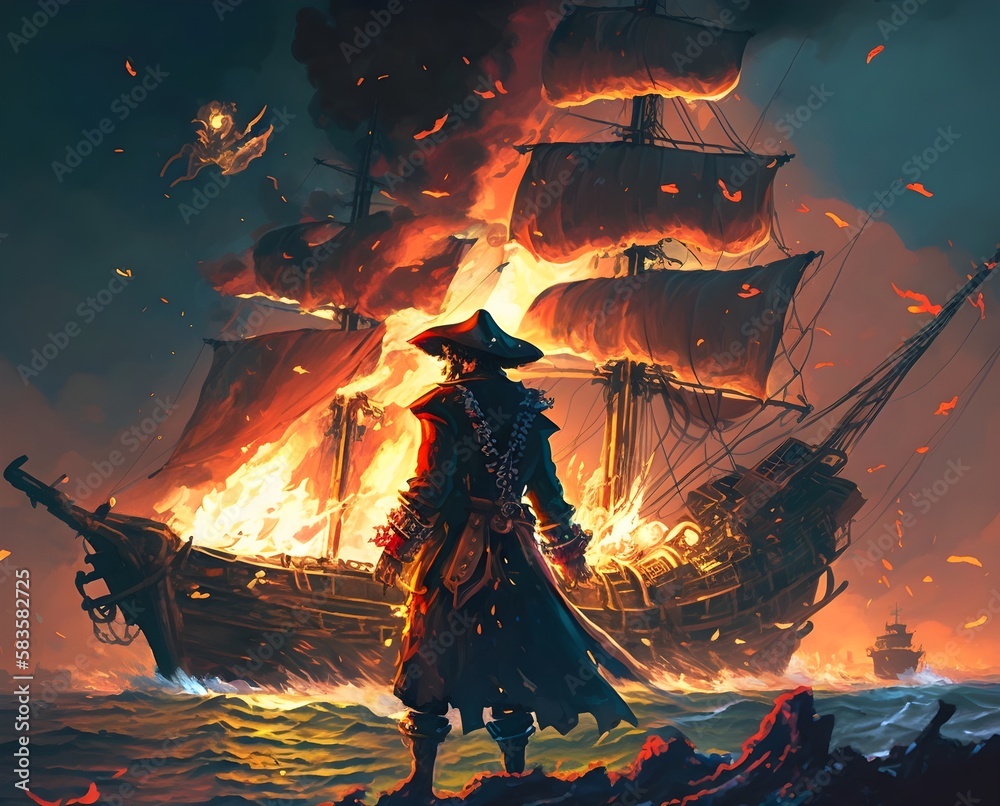 the pirate with burning torch standing on boat with treasure looking at ...