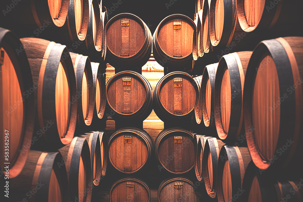 Wine cellar with Wine barrels. Grape barrels in old wine storage ...
