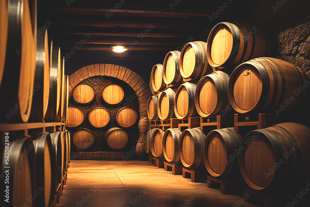 Wine cellar with Wine barrels. Grape barrels in old wine storage ...