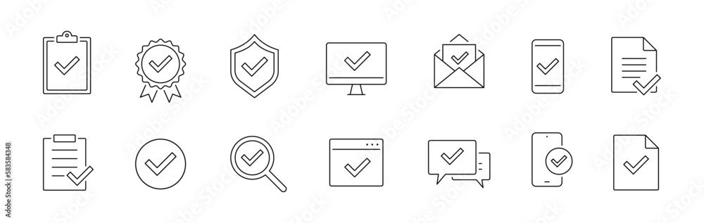 Confirm, check mark icon set. Mail, shield, document, chat with check ...