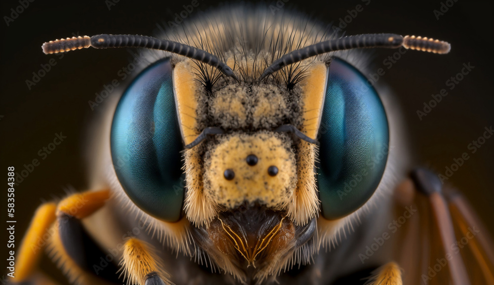 Plano detalle de una abeja reina, haciendo foco en sus ojos y en sus ...